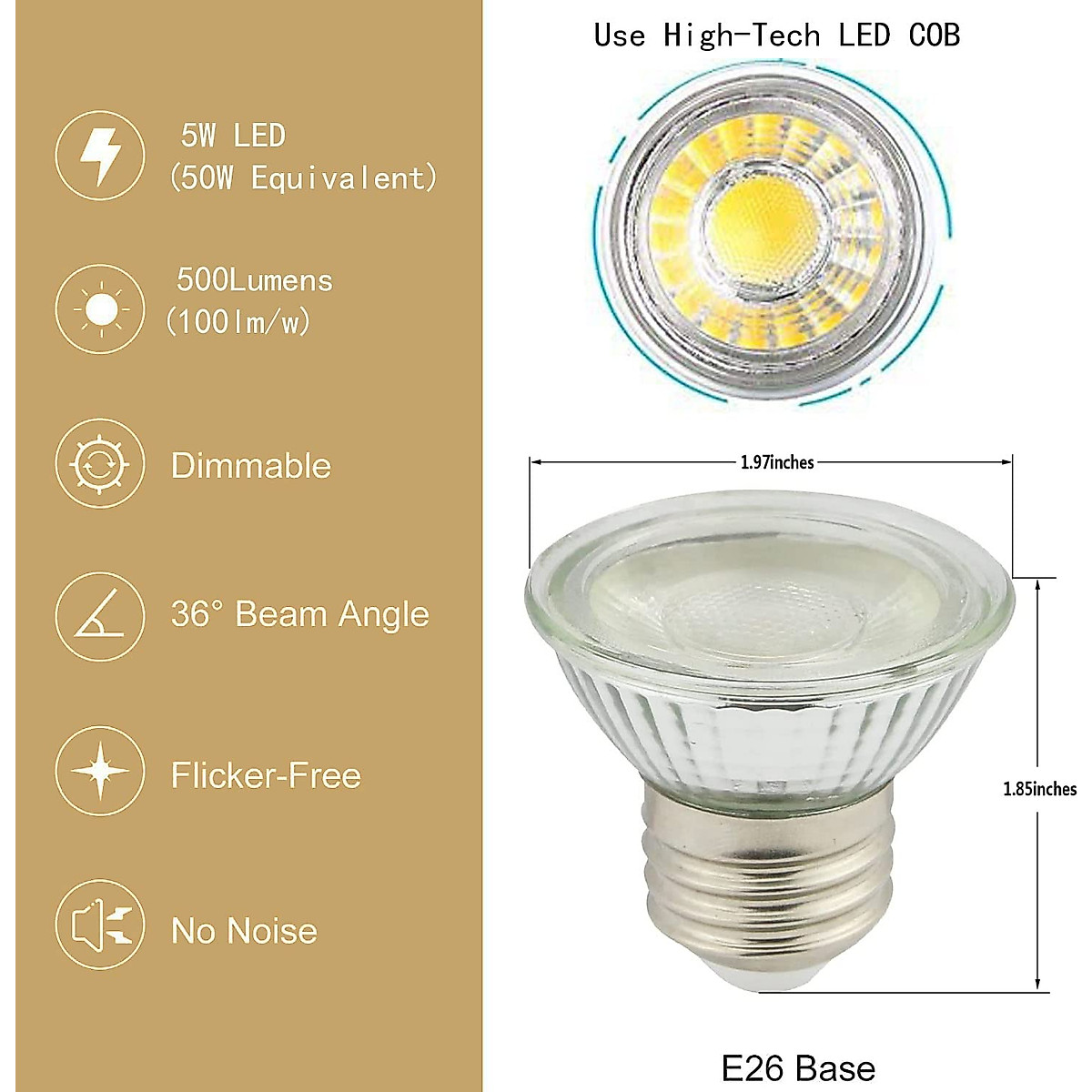 PAR16 LED Bulb Short Neck Recessed Spotlight, 5W (50W Equivalent) Curio Cabinet Light Bulb, 500 Lumens Dimmable China Cabinet Light Bulbs, Small Light Bulbs 2700K Warm White (Pack of 6)