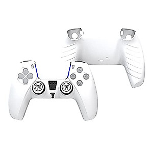 SMOS Anti-Slip Silicone Cover Skin for Playstation 5 Controller,Soft Rubber Case for PS5 Wireless Controller with 3 Pairs of Thumb Grip Caps of Different Heights,Pearl White