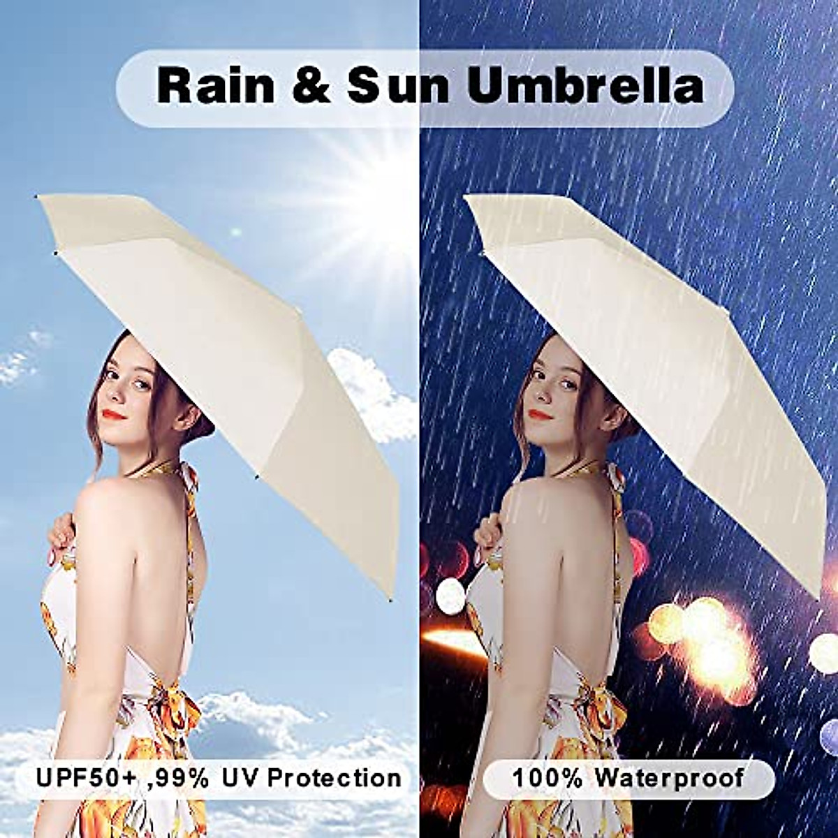ESUFEIR Mini Travel Sun Umbrella for Purse With Case,Small Compact UV Umbrella Protection Sun,Lightweight Portable Parasol Umbrella Windproof for Women Men Kids (Beige)