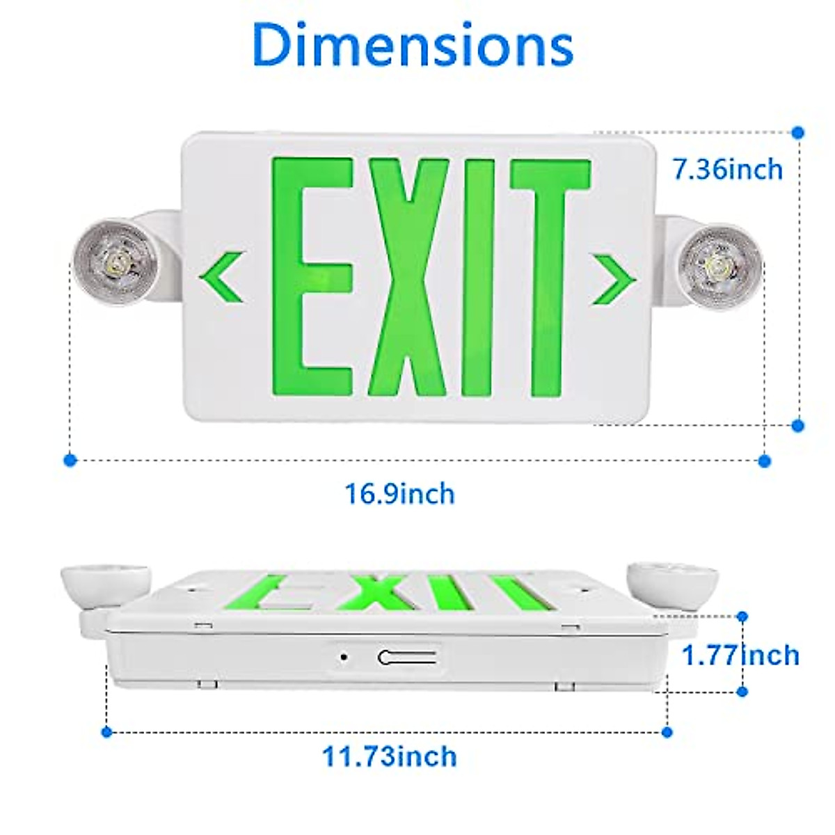 Green LED Exit Sign Emergency Light Combination Adjustable Two Heads and Battery Backup, US Standard Commercial Emergency Exit Lighting, Fire Resistant UL 924 AC 120/277V (8-Pack)