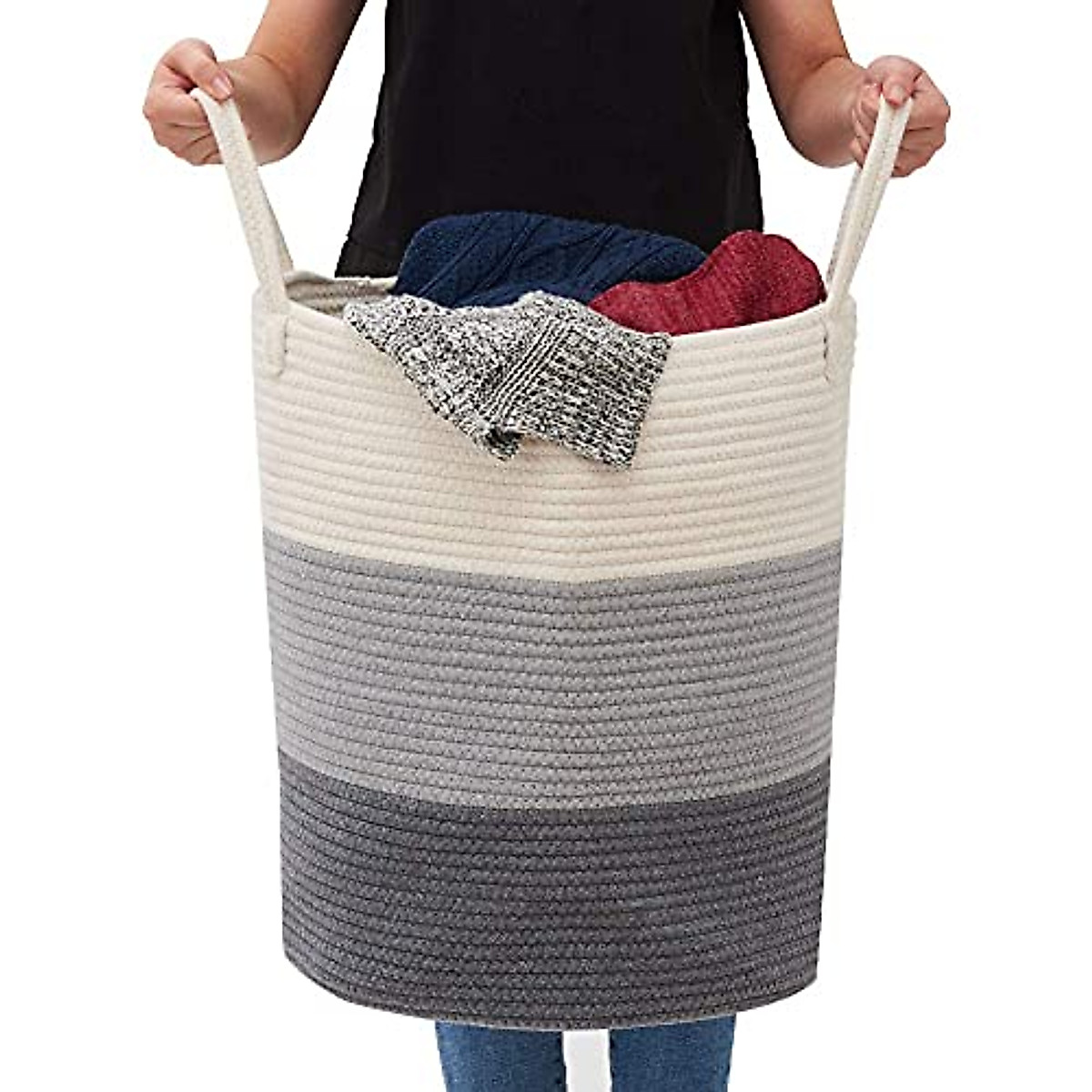 EZOWare Large Cotton Rope Storage Basket, Soft Woven Laundry Hamper with Handles for Bathroom Nursery Closet - Gradient Gray, 15 x 18 inch