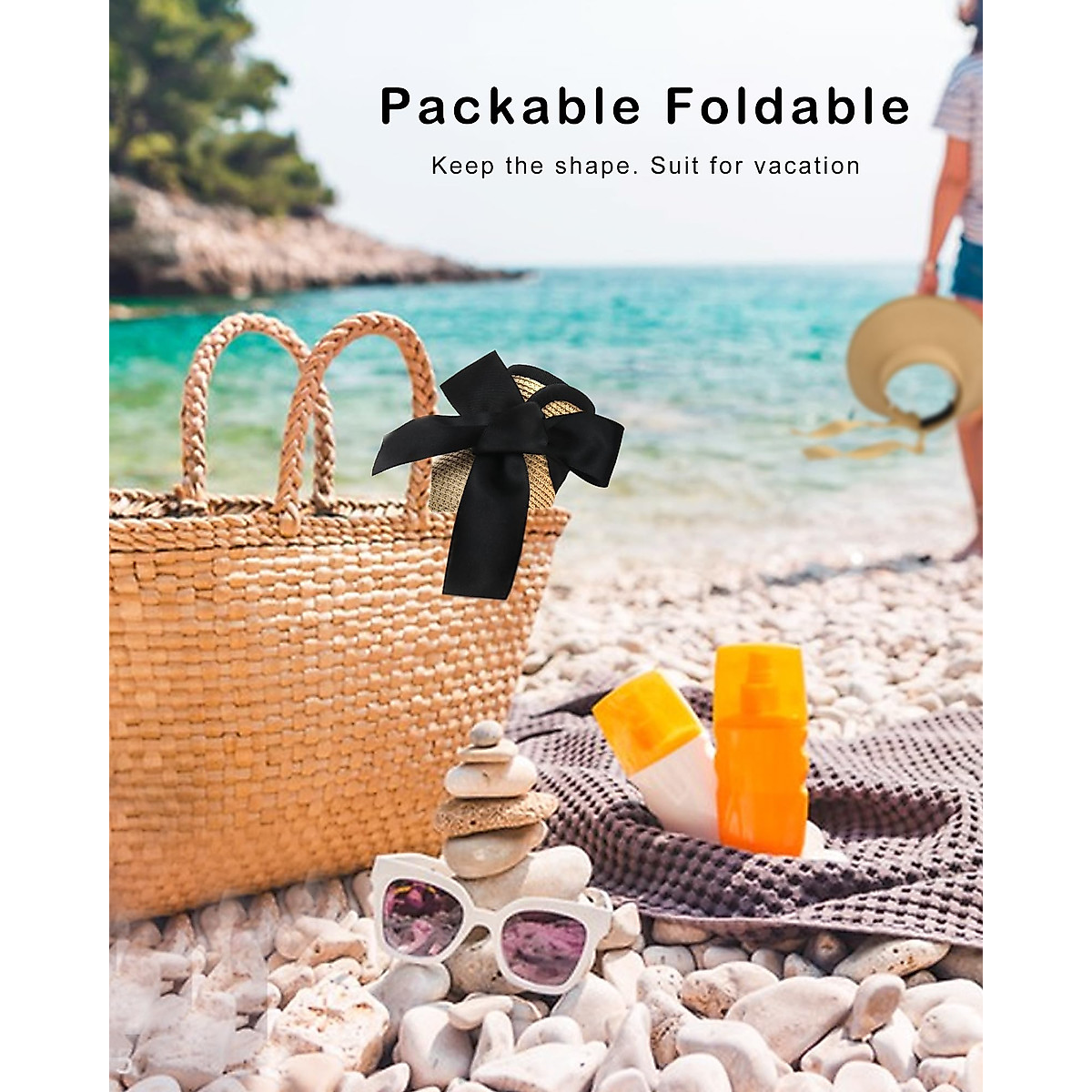 Camptrace Sun Visors for Women Wide Brim Beach Hat UPF 50+ Foldable Straw Visor Hat Ponytail Summer Packable Black