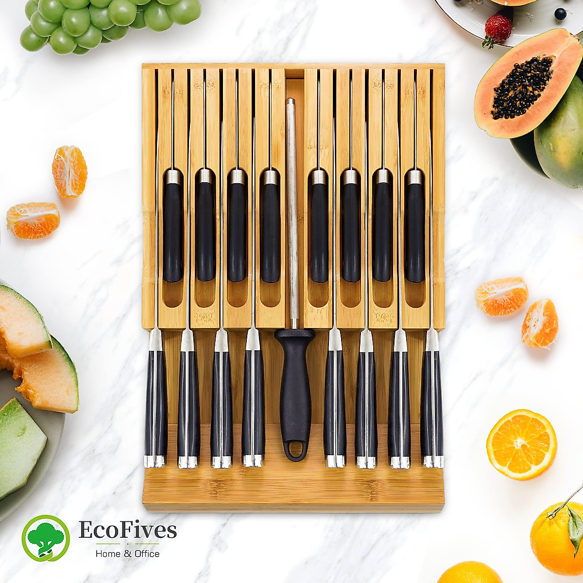 Acacia Drawer Cutlery Organizer 6 Slots + Bamboo Knife Block Organizer Storage for 16 Knives.