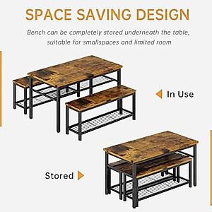 Lamerge 3-Piece Dining Table Set, Rustic Dining Table with Storage, Kitchen Table and Chairs Set for 4, Dining Table Set with 2 Benches, Industrial Dining Table Set for Dining Room, Kitchen