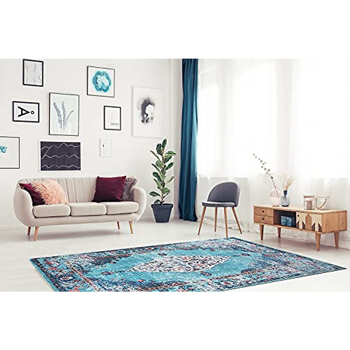Mylife Rugs Traditional Vintage Non Slip Machine Washable Distressed Printed Area Rug, Turquoise Red 4'x6'
