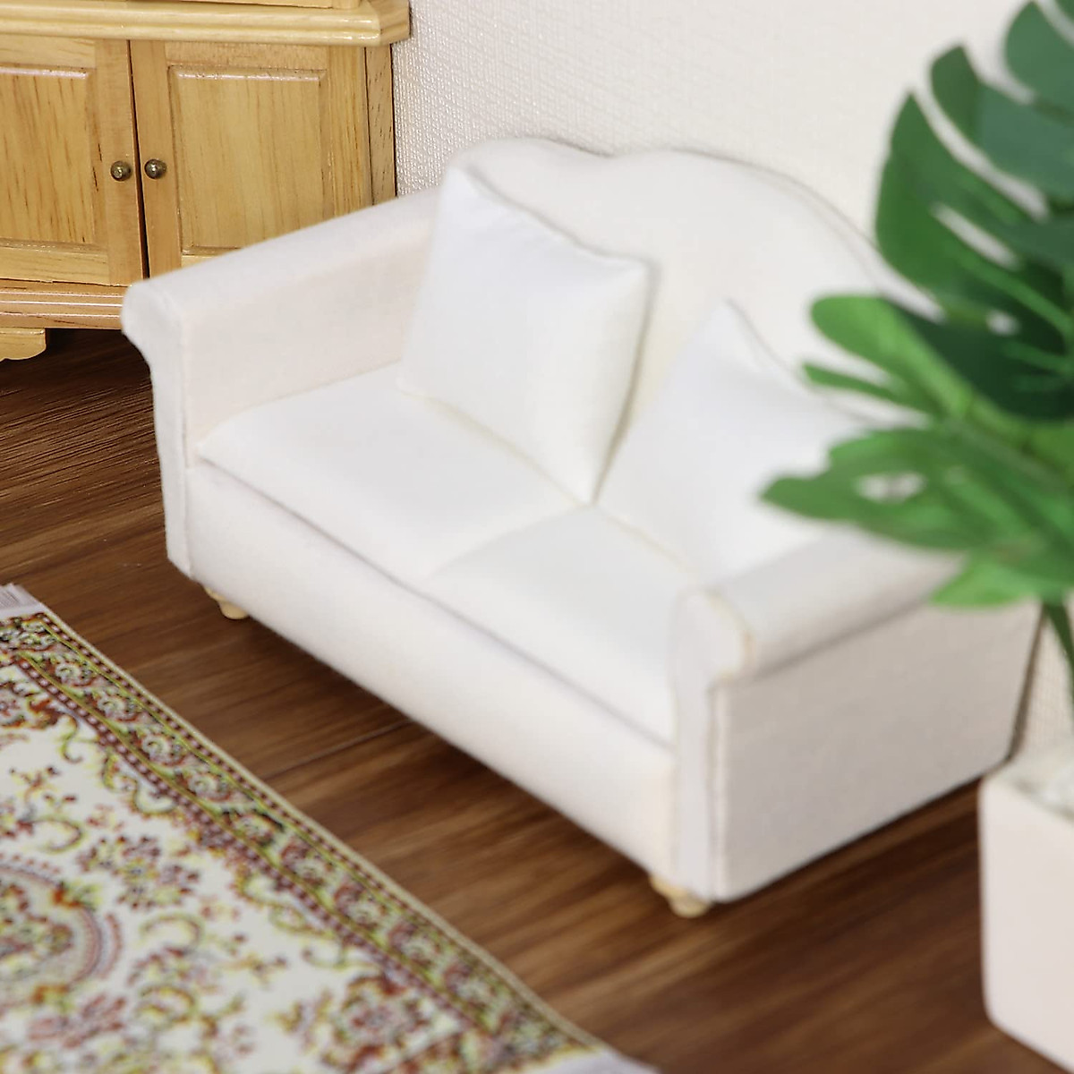 Dollhouse Couch Miniature Furniture Sofa with Pillows for Living Room Desktop Decoration Fabric Sofa Mini Home Scene Accessories Ornament (Double Sofa, White)