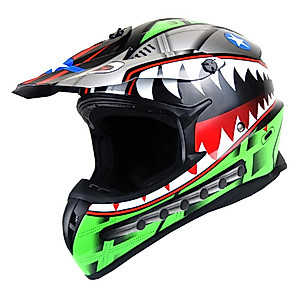 1Storm Adult Motocross Helmet BMX MX ATV Dirt Bike Downhill Mountain Bike Helmet Racing Monster Shark HKY_SC09S + Motorcycle Bluetooth Headset: Monster Shark Green