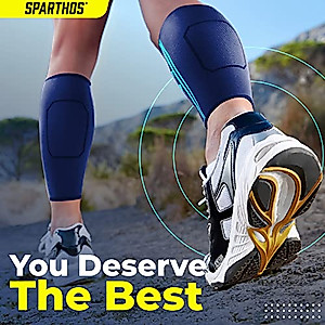 Sparthos Calf Compression Sleeves (Pair) – Leg Compression Socks for Men and Women – Shin Splint Calf Pain Relief Medical Leg Pain and Cramps Recovery Varicose Veins (Blue-M)