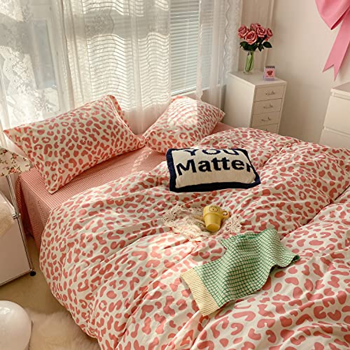 AOJIM Animal Leopard Duvet Cover Cheetah Print Bedding Set 100% Cotton Soft Quilt Cover White and Pink Comforter Cover 1 Queen Size Duvet Cover 2 Pillowcases (no Comforter)