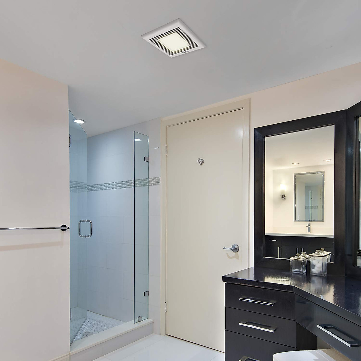 Maxxima Luvoni 70 CFM Bathroom Exhaust and Ventilation Fan - 3000K Warm White 600 Lumen LED Light, Quiet 2 Sones Operation, White Grill Ceiling Fan