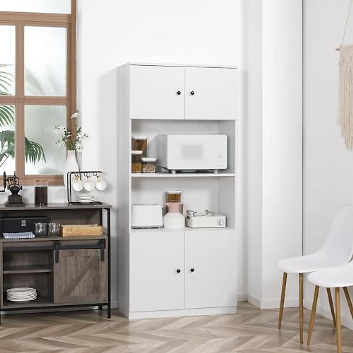 HOMCOM 71" Kitchen Buffet with Hutch, Pantry Storage Cabinet with Shelves, Open Microwave Countertop for Dining Room, Living Room, White