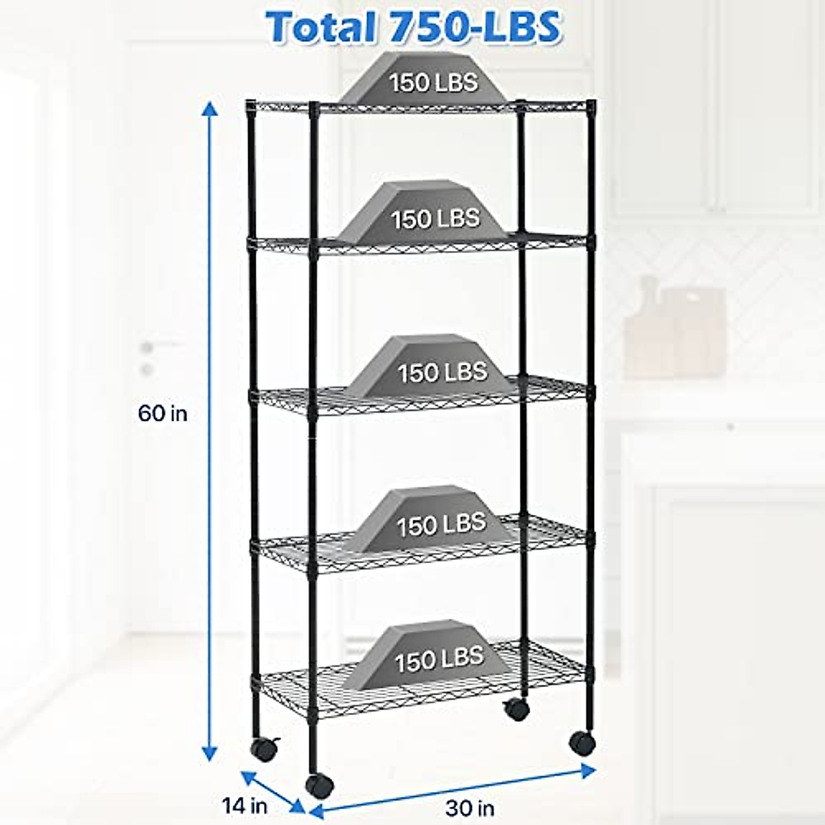 Dkeli 5 Tier Wire Shelving with Wheels, 14"x30"x60" Storage Shelves NSF Heavy Duty Adjustable Utility Rolling Steel Garage Shelving Metal Storage Rack, Black