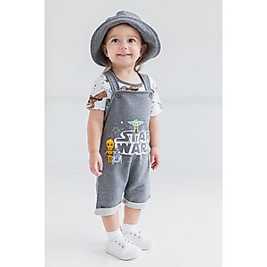 STAR WARS R2-D2 Yoda Chewbacca Newborn Baby Boys Short Overalls Graphic T-Shirt and Hat 3 Piece Outfit Set Grey 3-6 Months