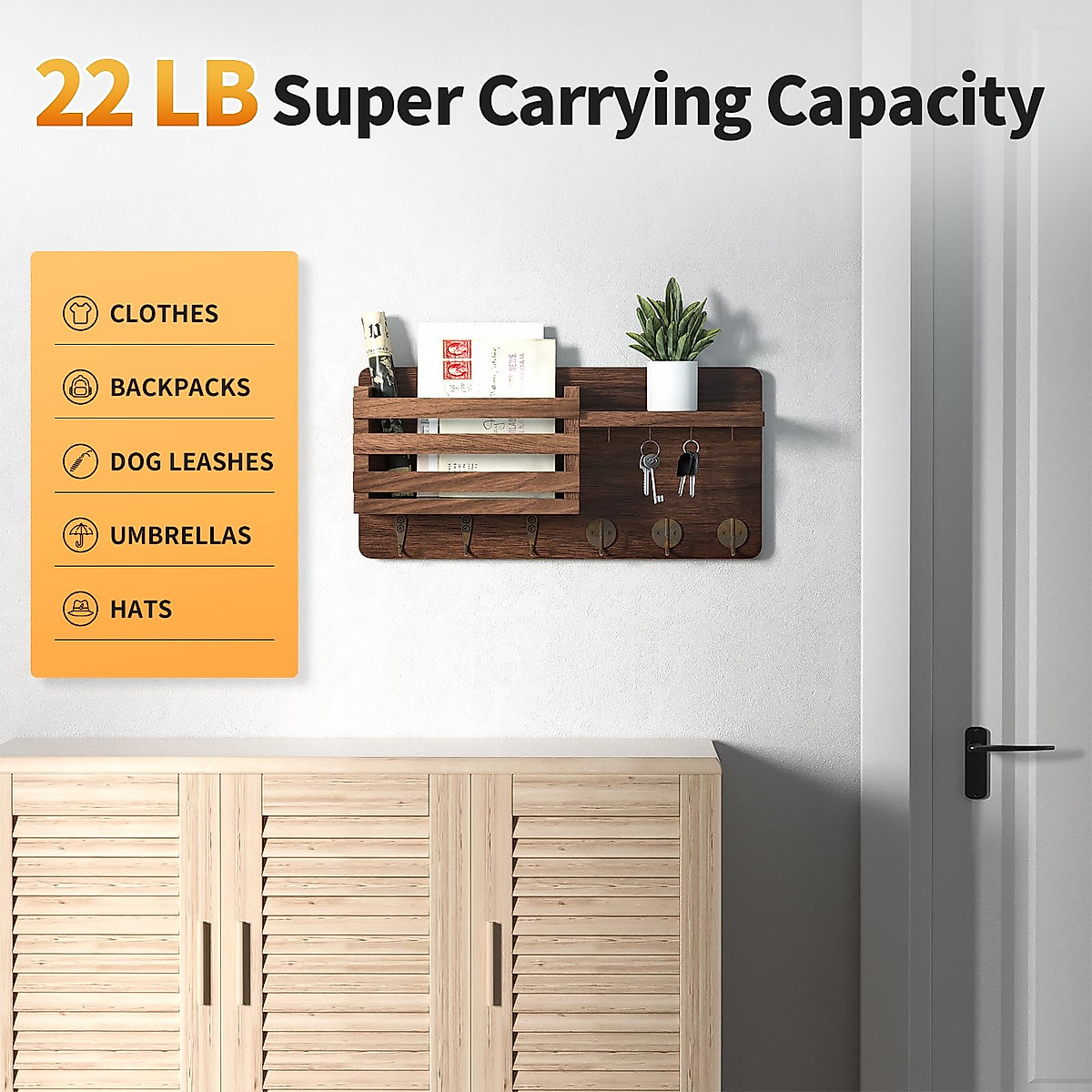 Key Holder for Wall, Key Hanger Wall Mount Hallway Farmhouse Decor, Mail Holder with 10 Key Hooks, Modern Key Rack with Floating Shelf, Mail Organizer and Key Hanging 2-in-1 Storage Rack