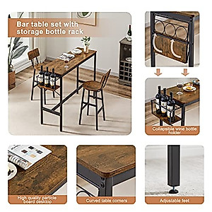 pazezog Dining Bar Table and Chair Set for 2,Kitchen Table Set with Folding Wine Holder and Stools,Counter Height Dining Table Set for Kitchen, Small Space