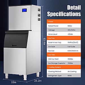 GAOMON Commercial Ice Maker, 350lbs/24h Ice Making Machine with 250lbs Large Storage Bin, 600W Auto Self-Cleaning Ice Maker Machine with 3.5-inch LED Panel for Bar Cafe Restaurant Business