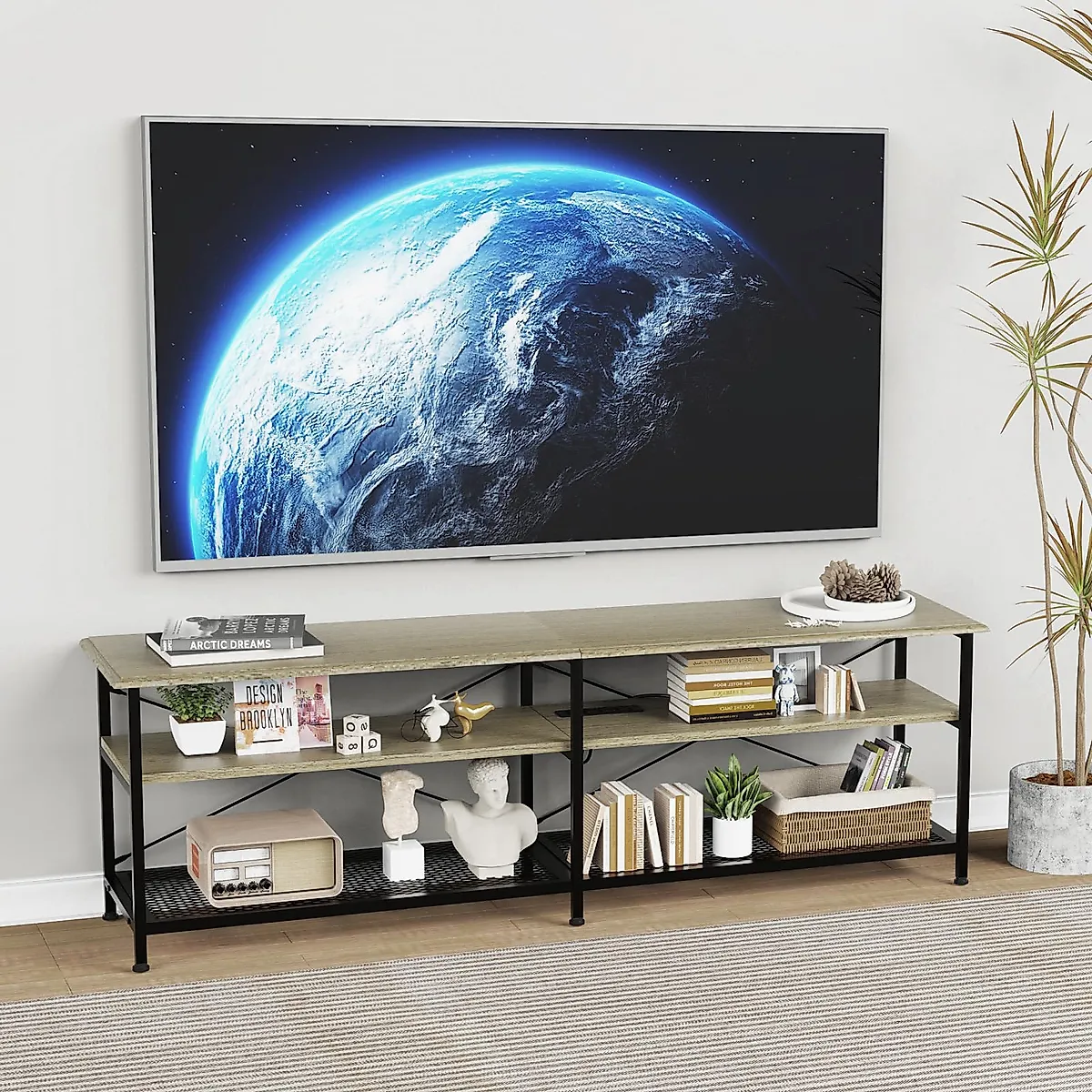 LAZEYARD TV Stand for 60 65 70 Inch TV, Long 63" Entertainment Center TV Console, TV Table with 3-Tier Open Storage Shelves, Industrial TV Cabinet with Metal Frame for Living Room