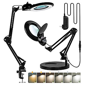 10X Magnifying Glass with Light and Stand,KUVRS 2200 Lumen Infinite Color Temperature Stepless Dimming Magnifying Lamp, Head Dual Dimmer Adjustable Swing Arm Magnifier with Light Soldering Craft Hobby