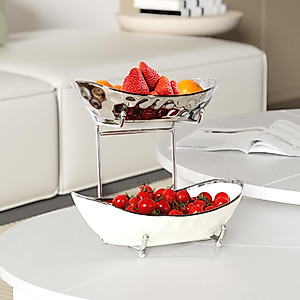 Acliys Fruit Bowl, Ceramic Fruit Basket, 2 Tier Serving Stand Serving Bowl with Metal Rack, Porcelain Kitchen Bowls for Vegetable Storage Snack Nuts Dessert Cake Tray for Party Wedding…