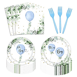 96 Pcs Oh Boy Watercolor Blue Balloon Party Decorations Supplies Greenery Boy Baby Shower Party Tableware Set Botanical Eucalyptus Baby Shower Party Plates Napkins Forks for 24 Guests