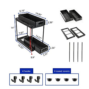 Under Sink Organizers and Storage Sliding - Multipurpose Double Sliding Cabinet Organizer for Bathroom or Kitchen Sink Organizer with 4 Hooks (Black)