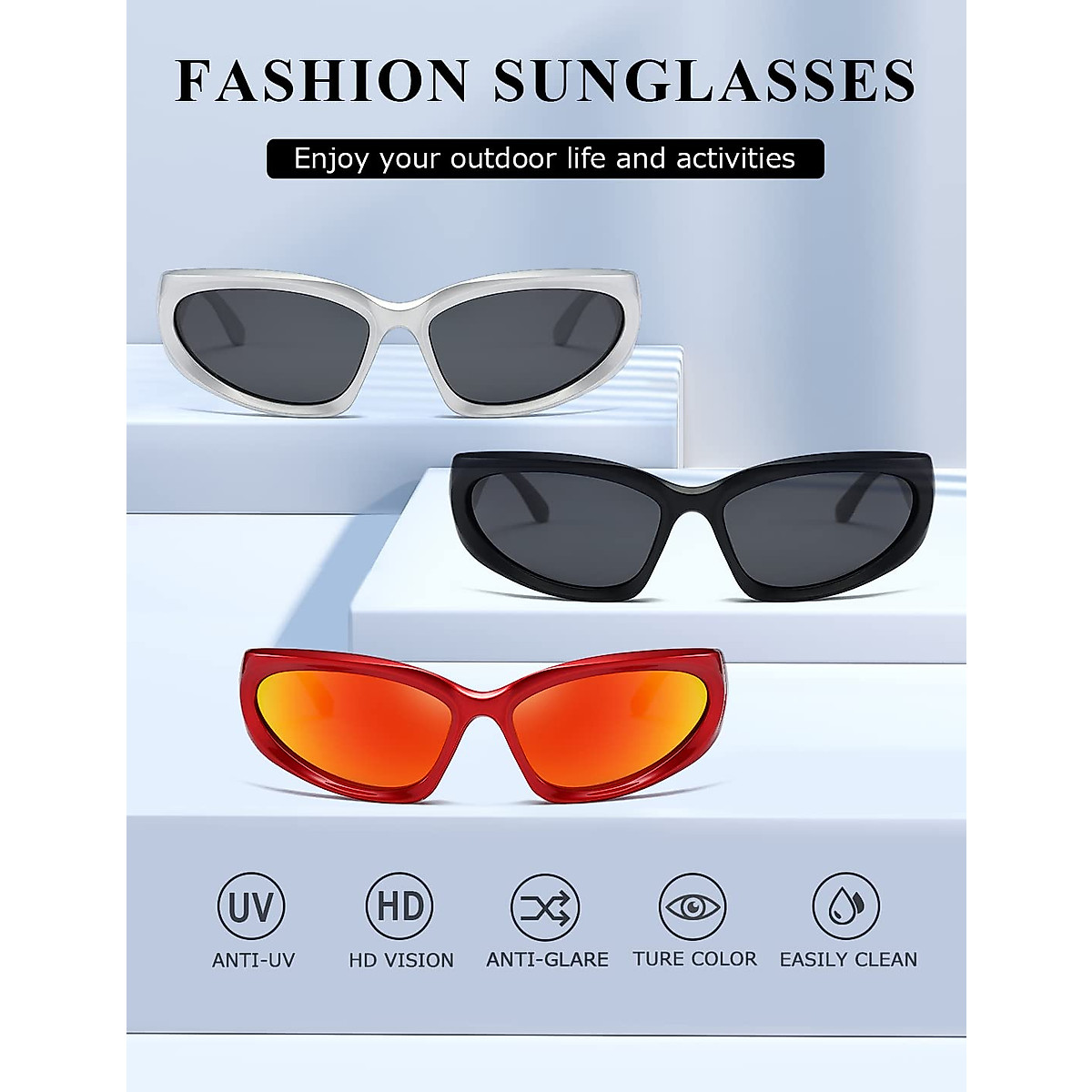 kimorn Wrap Around Polarized Sunglasses Womens men Swift Oval Fashion Sport Shades Sun Glasses (Matte black/Silver Grey/Red)