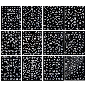 JMEOWIO 12 Sheets Aurora Holographic Butterfly Nail Art Stickers Decals Self-Adhesive Pegatinas Uñas Glitter Flower Nail Supplies Nail Art Design Decoration Accessories