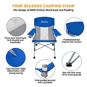 KingCamp Oversized Heavy Duty Outdoor Camp Lightweight Portable Lawn Chair Sturdy Steel Frame Supports 300 lbs with Cup Holder for Sports Fishing Picnic, one Size, Blue&Gray