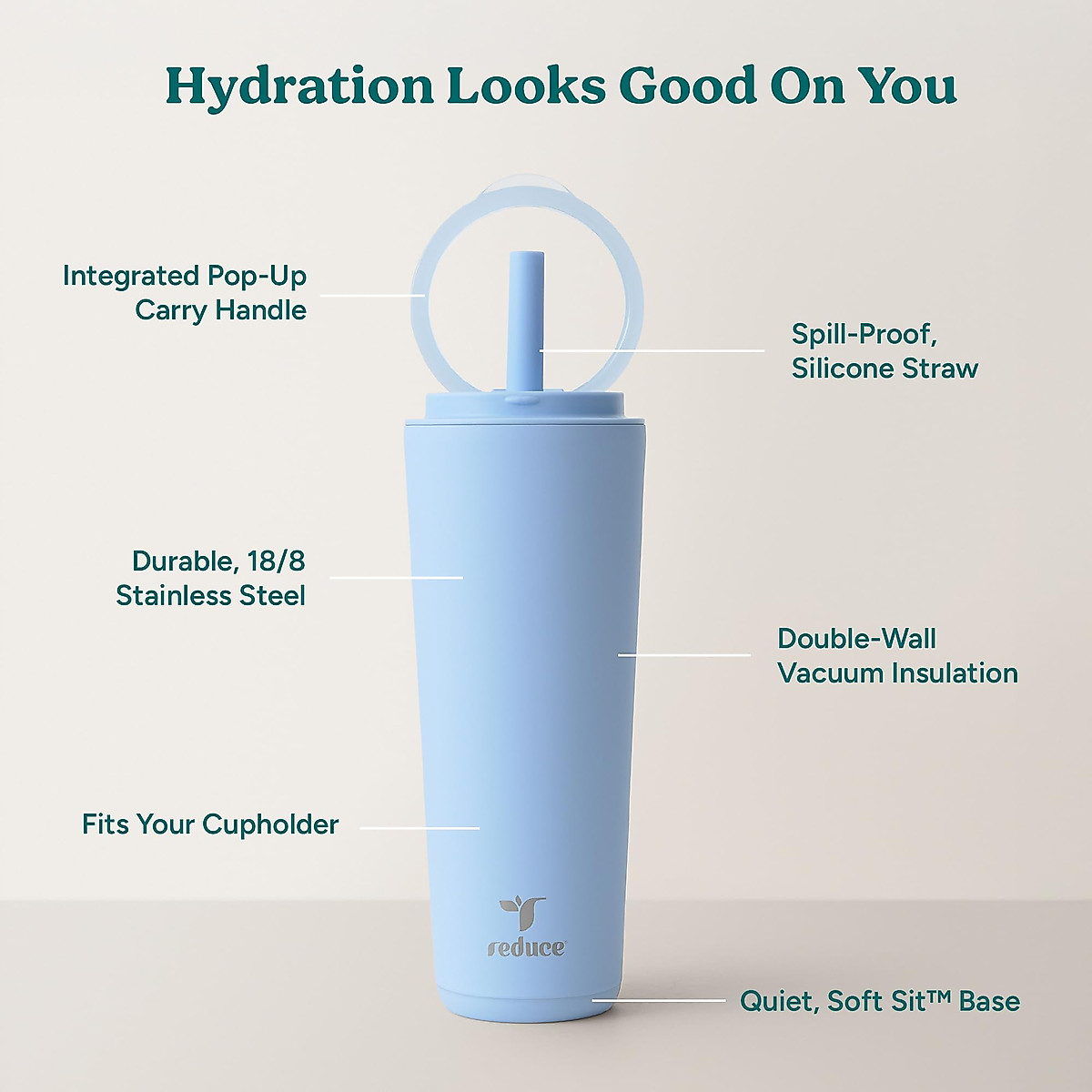 Reduce Halo 24 oz Stainless Steel Vacuum Insulated Tumbler - Spill Proof Travel Mug with Flip Handle Lid - Keeps Drinks Cold for 32 Hrs - Dishwasher Safe - Cupholder Friendly - Glacier