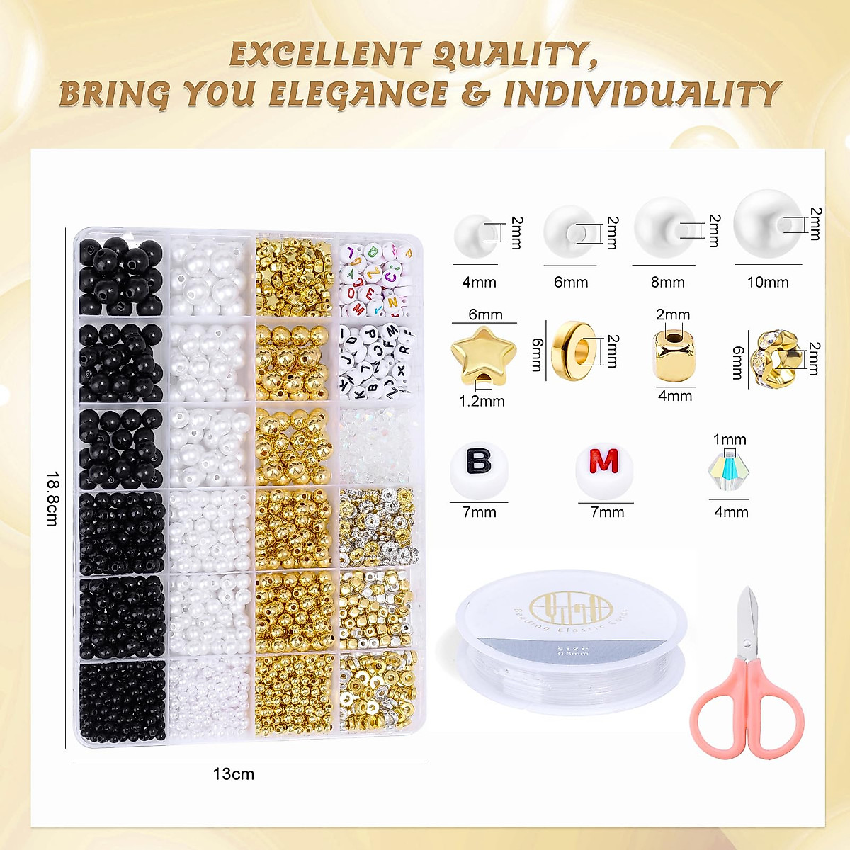 JADVY 1800 pcs Pearl Beads for Jewelry Making Kit with Spacer Beads, Black/White/Gold Pearl Beads for Bracelets, Necklaces, Earrings, DIY Pearls Bracelet Making Kit, Pearl Beads & Bead Assortments