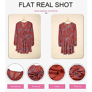 Dokotoo Womens Ladies Casual Summer Birthday Spring Ruffle Elegant Floral Long Sleeve Tie Knot V Neck Cute Chiffon Boho Beach Tunic Swing A Line Mini Short Skater Dresses for Women 2024 Red Large