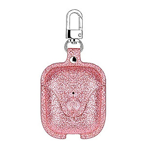 J&D AirPods 1 / AirPods 2 PU Leather Case Protective Cover, Sparkling Glittering Portable AirPods Case Cover with Durable Metal Keychain Compatible for AirPods 1, AirPods 2 Cases - Pink