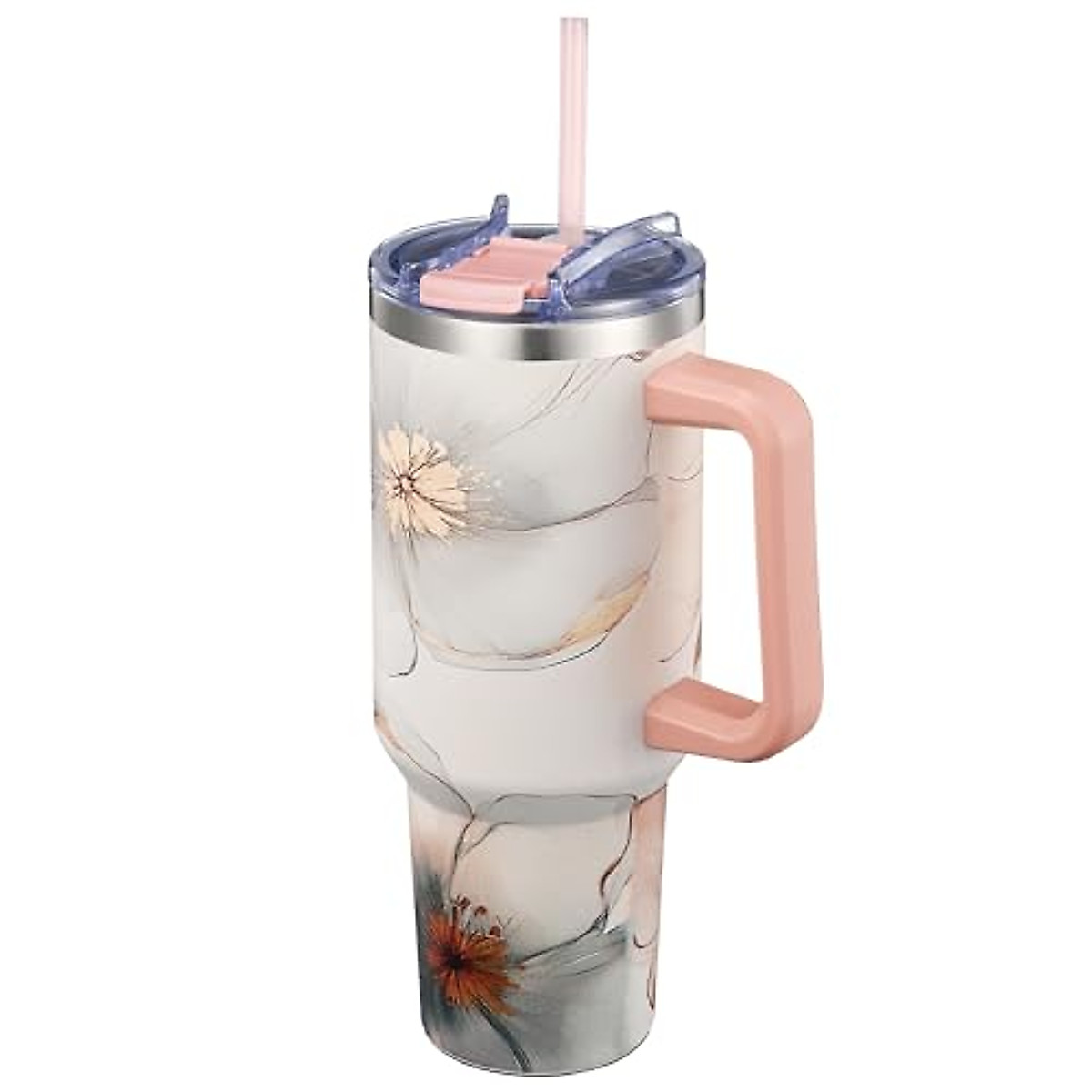 THILY 40 oz Stainless Steel Tumbler with Handle - Vacuum Insulated Travel Cup, Splash-Proof & Leakproof Lid, 2 Straws & Brush | Keeps Cold 34H/Hot 12H, Cupholder Friendly, Golden Bloom Whispers
