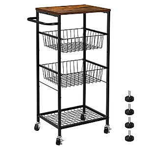 NORCEESAN Rolling Storage Cart 4 Tier Kitchen Cart on Wheels Metal Mobile Utility Cart with Storage Basket Shelf Bathroom Organizer Cart with Handle Pantry Trolley Cart with Tabletop for Home Office