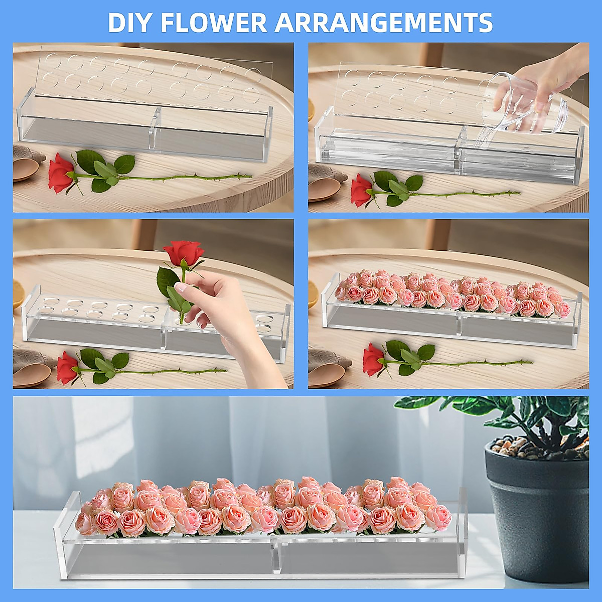 Acrylic Flower Vase Rectangular,18 Inches Clear Acrylic Vase,Long Acrylic Vase with 18 Holes,Low Laying Unique Flower Vases for Home Decor or Weddings