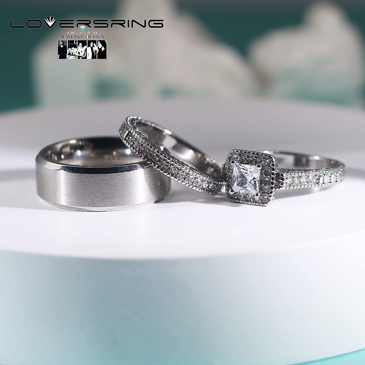 LOVERSRING Couple Ring Bridal Set His Hers Women 10k White Gold Filled AAA Cz Men Stainless Steel Wedding Ring Band Set
