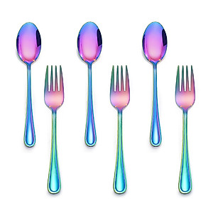 LIANYU 6-Piece Kids Forks and Spoons Silverware Set, Rainbow Children Toddler Utensils Set, Stainless Steel Child Flatware Cutlery Set for Home Preschools, Dishwasher Safe
