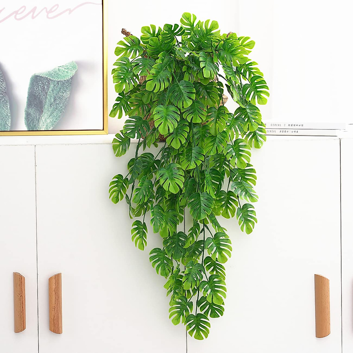 LOVENIMEN Artificial Hanging Vines 4 Pack, Fake Monstera Leafs Vine Ivy Jungle Leaf Plants Tropical Palm Leaves Rattan for Houseplants Indoor Home Kitchen Garden Outdoor Wall Wedding Decoration