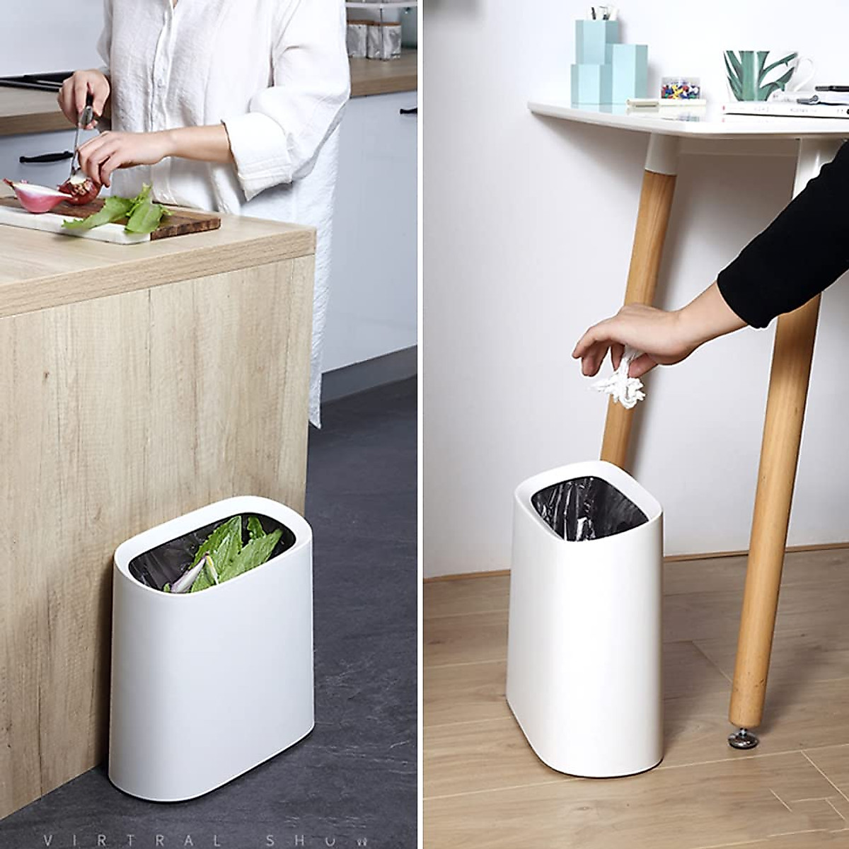 Doyingus Slim Trash Can Plastic Rectangular Wastebasket 2.4 Gallon Garbage Container Bin for Bathroom Bedroom Office Kitchen (White)