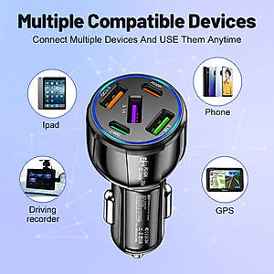 75W Ultra-Fast Car Charger, 30W/QC3.0/Type C 5-Port Smart Shunt 12 Volt Car Adapter Cigarette Lighter USB Charger Compatible with iPhone 14 Pro MAX/13,MacBook Pro,iPad Pro (3USB+2PDBlack)