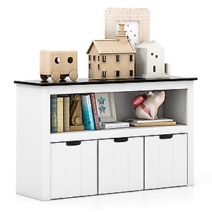 HONEY JOY Kids Toy Storage Organizer with Bins, Children Daycare Shelf w/Blackboard Top, 3 Wooden Toy Box w/Wheels, Toddler Classroom Display Cabinet for Playroom, Nursery, Kindergarten