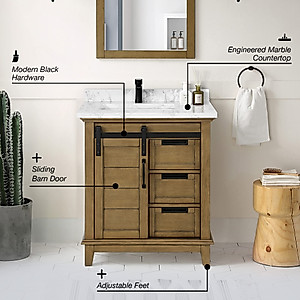 OVE Decors 30 in. Single Undermount Sink Bathroom Barn Door Vanity with Cloudy Cultured Marble Countertop, White Finish and Black Hardware
