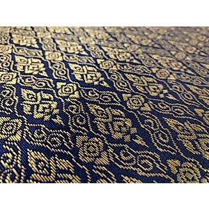 Amornphan 44 Inches Blue and Gold Traditional Thai Silk Damask Fabric for Wedding Dress Skirt by The Yard