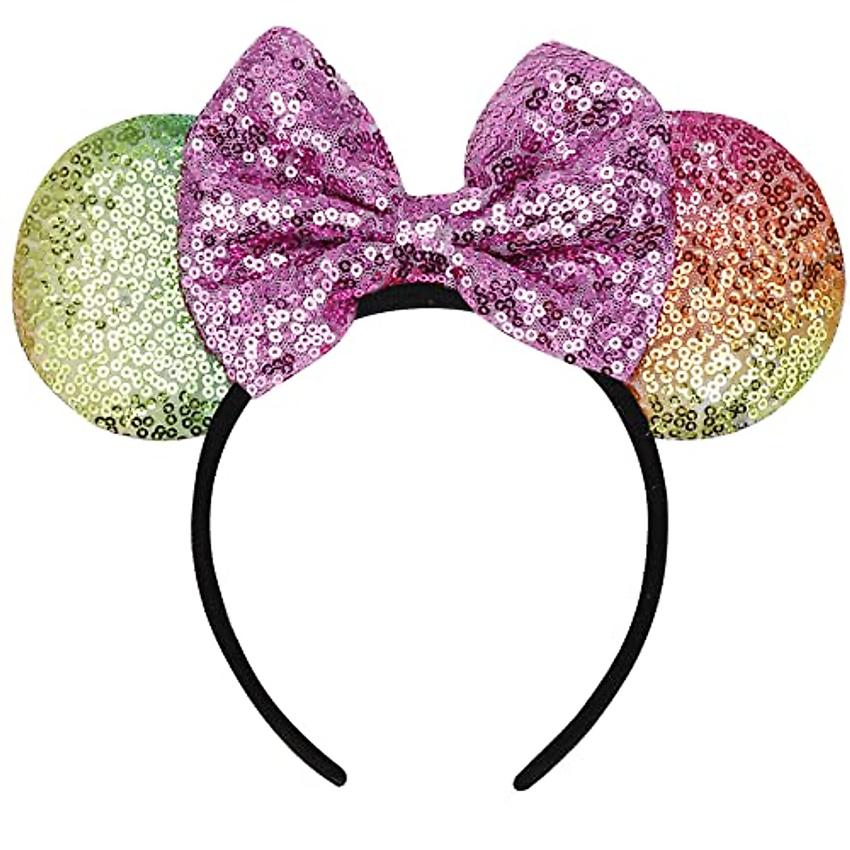 Makone Mouse Ears Headbands, Rainbow Sparkle Mouse Ears, Sequin Minnie Ears, Purple Bows Hairs Accessories, Party Princess Cosplay for Baby Girls & Women