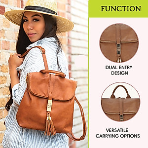 Miztique The Diana Backpack Purse for Women, Flap Over Tote Bag, Soft Vegan Leather - Tan