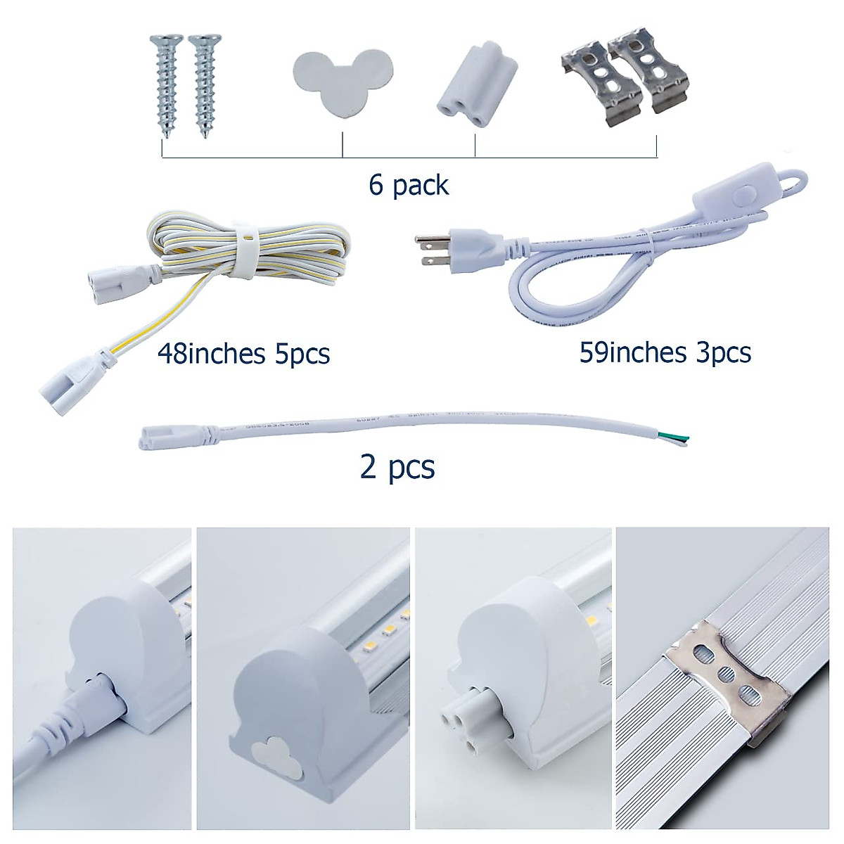 Greess 6 Pack LED T8 Shop Light, 4FT 24W 6000K Daylight White Linkable LED Integrated Tube Lights with Clear Cover, LED Bar Lights for Garage,Workshop,Workbench with On/Off Plug Cord