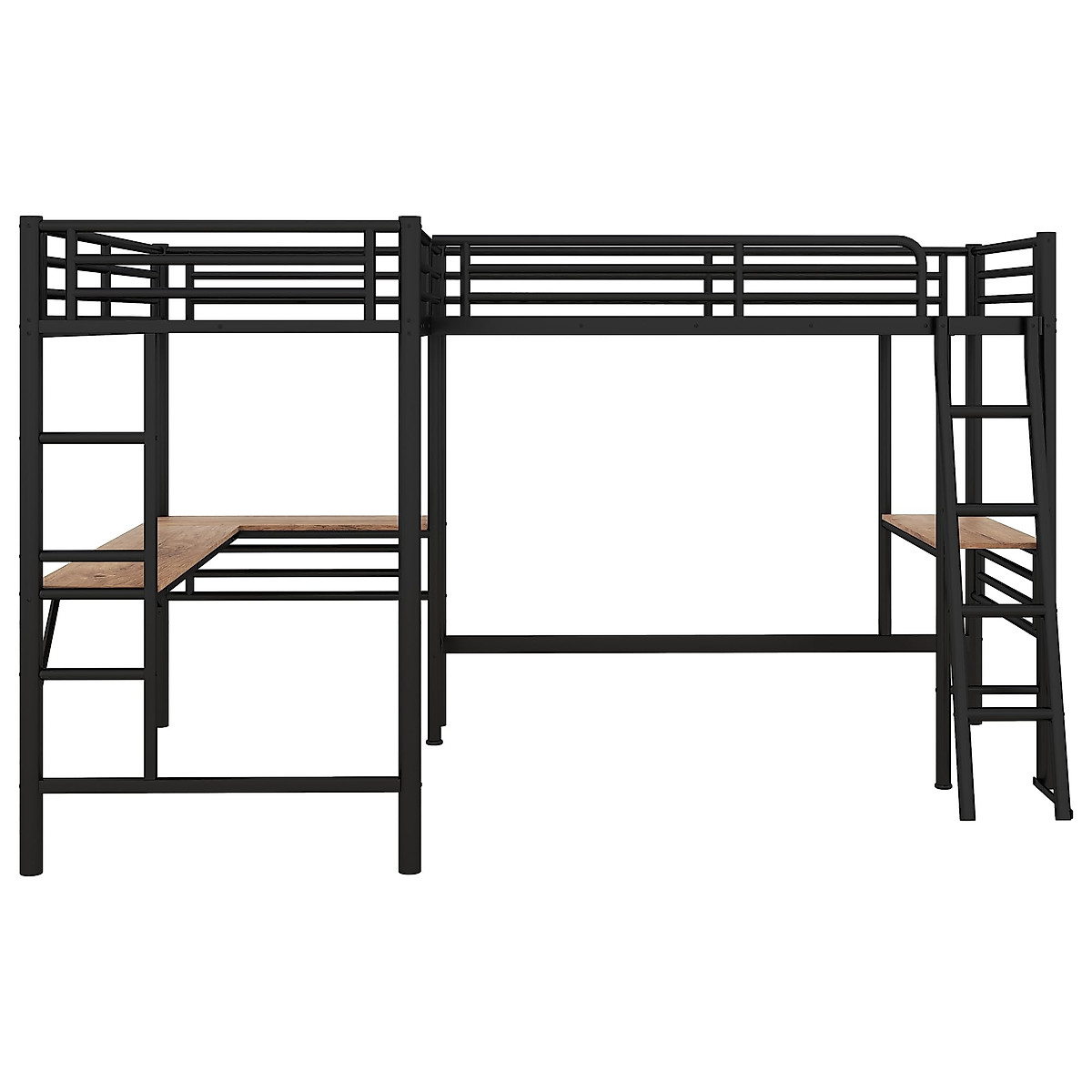MERITLINE Metal Twin Size L-Shaped Loft Bed, Twin Size Loft Bed Frame with Two Built-in Desks Underneath for Kids Boys Teens, Black
