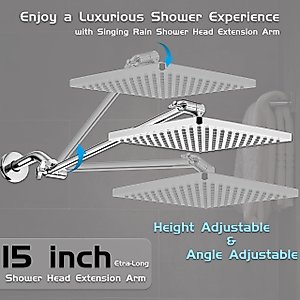 8'' Rain Shower Head with 15'' Extension Arm- 𝟮 𝗳𝗼𝗿 𝟭 𝗖𝗼𝗺𝗯𝗼 Large Surface Fixed Square Shower Head- Extra Long Adjustable Shower Head Extension Arm- Singing Rain Ultimate Shower Experience