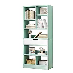 IOTXY Wooden Open Shelf Bookcase - 61 Inches Height Freestanding Display Storage Cabinet Organizer with 8 Cubes and a Drawer, Floor Standing Bookshelf in Tiffany-Green