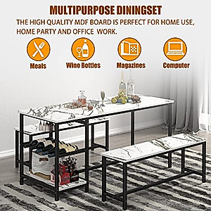 CENOVE Dining Table Set for 4, 3 Piece Kitchen Table with Bench, Small Dining Table Set for Apartment with Wine Rack for Breakfast Nook (White Statuario)